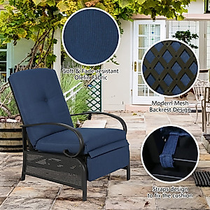 PATIO TREE Adjustable Outdoor Reclining Lounge Chair Patio Recliner Chair with Strong Extendable Metal Frame and Removable Cushions for Outdoor Reading or Relaxation (Navy)