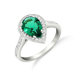 Galaxy Gold GG Stunning 1.69 Carat Total Weight 14K Solid White Gold Emerald and Natural Diamond Halo Ring Brilliant Pear Cut Tear Drop Shape Round Diamonds (6)