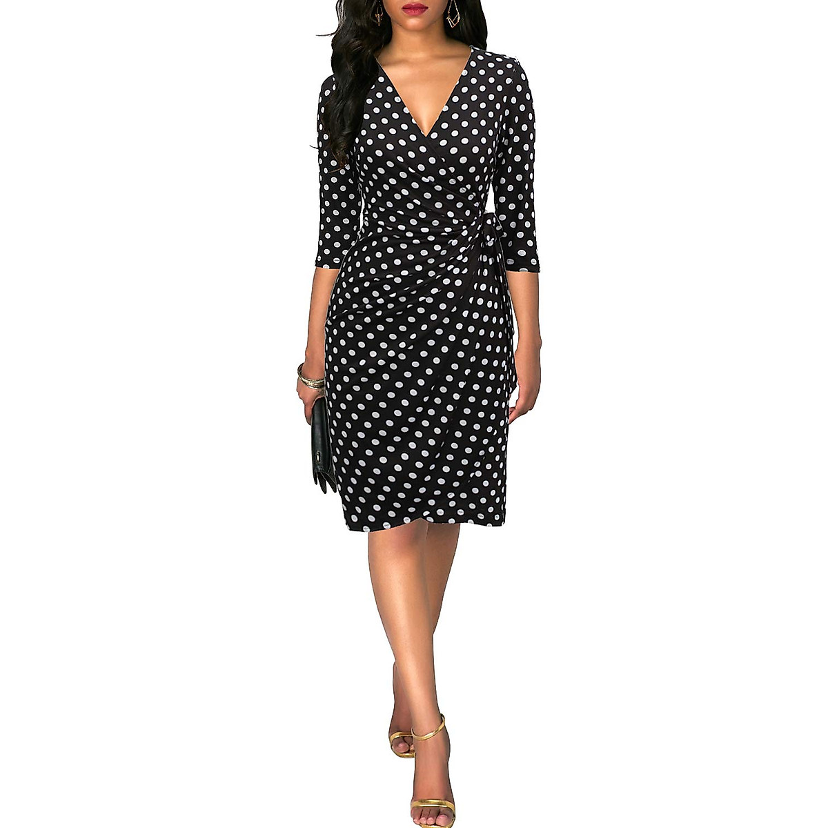 Berydress Women's Classic 3/4 Sleeve V Neck Sheath Casual Party Work Faux Black Wrap Dress (L, 6083-Black Dot)