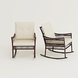 BALDPER 3 PCS Patio Conversation Chair Set with Coffee Table, Rocking Bistro Set, Outdoor Rocking Chairs Set, Wicker Furniture for Porch Deck Garden Poolside, Beige