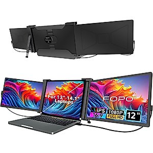 FOPO 12" Triple Portable Monitor 1080P FHD IPS Triple Monitor Extender, Triple Screen for Laptop of 13"-14.1", Compatible with Windows/Mac, Connect with USB-C/HDMI(Not for M1 M2 Chip, Chromebook)-S12