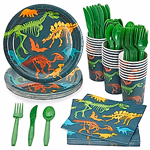 144 Piece Rawr Dinosaur Birthday Party Supplies, Dino Dinnerware Set with Plates, Napkins, Cups, and Cutlery (24 Guests)
