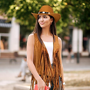 Jeyiour Set of 2 Cowgirl Outfits for Women Halloween 70s Hippie Cowboy Hat Fringe Vest Western Hats for Women Costume(Khaki, Medium)