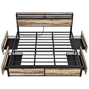 LIKIMIO King Bed Frame with Storage Drawer, 2-Tier Storage Headboard with Charging Station, No Box Spring Needed, Easy Assembly, Rustic Brown