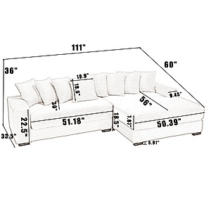 JUSTONE 111'' Modern Sectional Sofa Cloud Couch for Living Room, L Shaped Sofa, Corduroy,Right Chaise Daybed with Armrests,Eight Throw Pillows,Easy to Assemble,Black