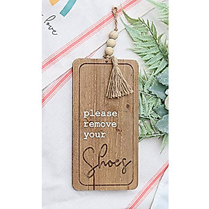 Parisloft Please Remove Your Shoes Wood Wall Plaque with Wooden Bead String Hanger,Cute and Rustic Country Style Home Accessory Gift Sign for Hallway, Entrance or Foyer