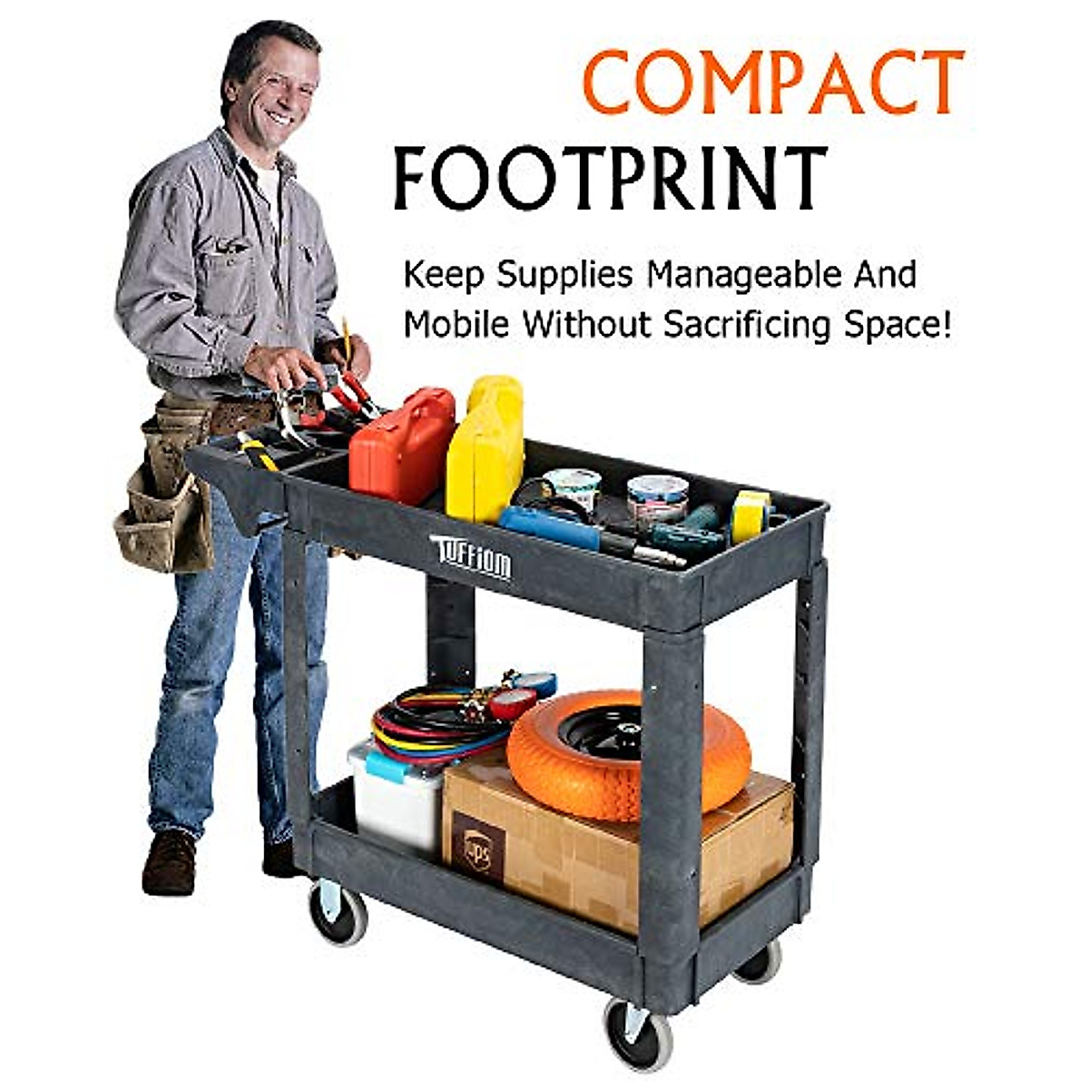 TUFFIOM Plastic Service Utility Cart with Wheels,550lbs Capacity,Heavy Duty Tub Storage Cart W/Deep Shelves, Multipurpose Rolling 2-Tier Mobile Storage Organizer, for Warehouse Garage Industrial Cart