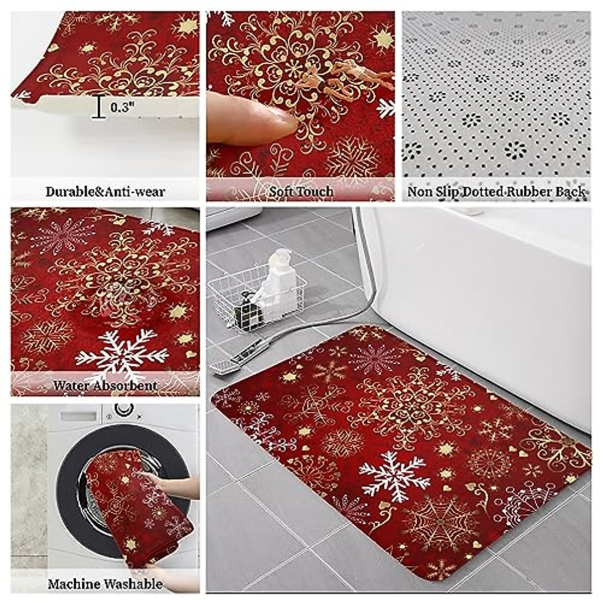 Libaoge Kitchen Mat Rug 1 PCS Christmas Golden Snowflake Red Runner Rug Anti-Fatigue Comfort Memory Foam Standing Mat Non-Slip Floor Door Mat for Bathroom Bedroom 24x71in