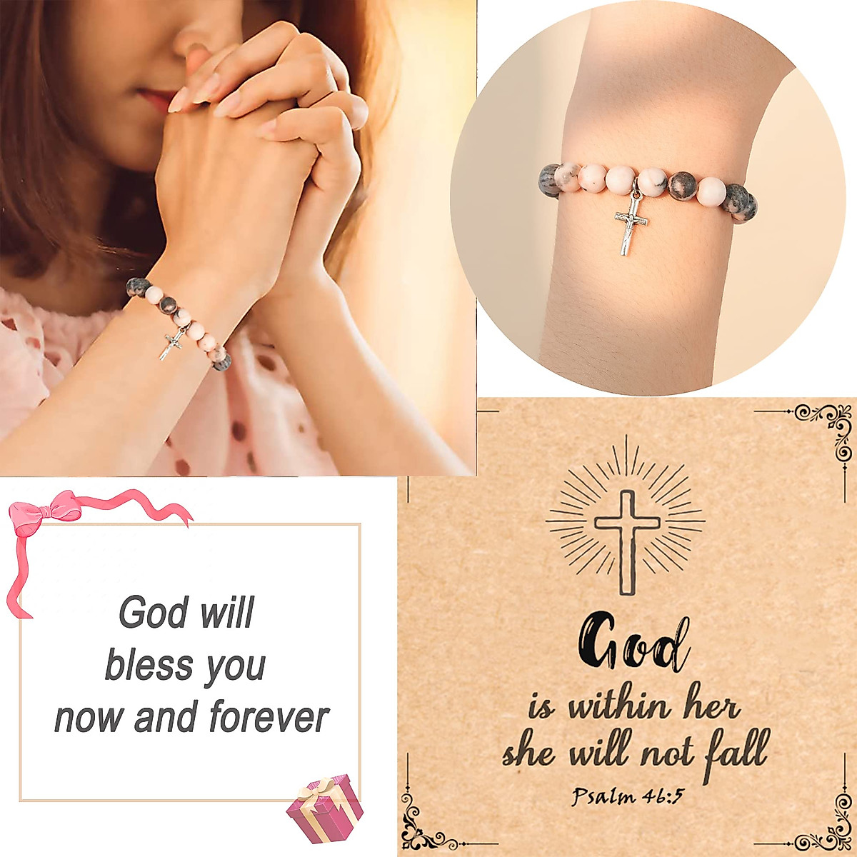 Dabem Christian Gifts for Women, Natural Sone Cross Bracelet Religious Gifts for Women