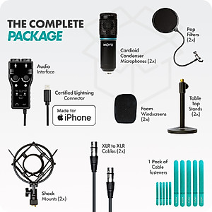 Movo iPhone Podcast Equipment Bundle - 2 Pack Condenser Microphones, 2 Desktop Mic Stands, 2 Pop Filters, 2-Channel XLR Interface with Lightning Output - Compatible with iPhone, iPad, iOS (Lightning)
