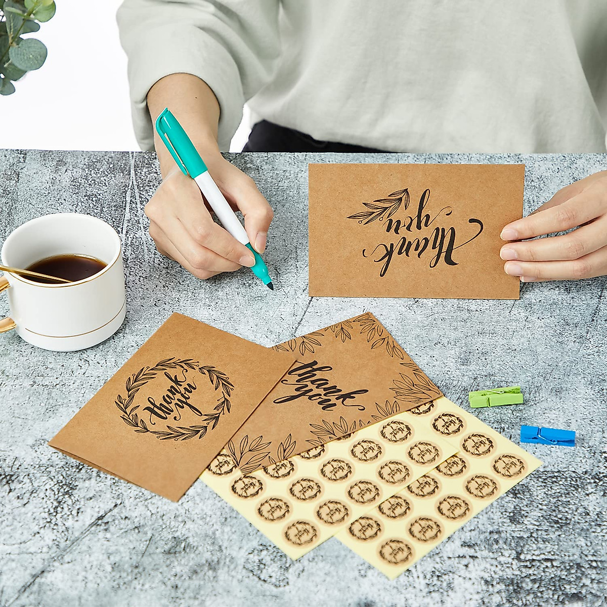 144 Bulk Thank You Cards with Self-Seal Envelopes, Brown Kraft Thank You Notes Box Set with Elegant 8 Designs Greeting Card for Wedding, Business, Birthday, Baby Shower, Blank Inside, 4 x 6 Inch