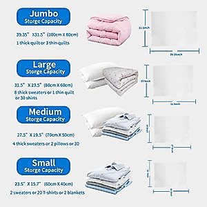 Aovee 12 Pack Premium Vacuum Storage Bags with Free Hand Pump, Five layer thickening, Double-Zip Seal and Triple Seal Turbo-Valve,12 Pack (3 Jumbo, 3 Large, 3 Medium, 3 Small) Reusable Vacuum Compression Space-saving Bag