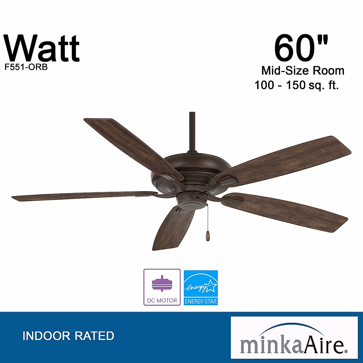 MINKA-AIRE F551-ORB Watt 60 Inch Energy Star Rated Ceiling Fan with DC Motor and 4 Speed Pull Chain in Oil Rubbed Bronze Finish