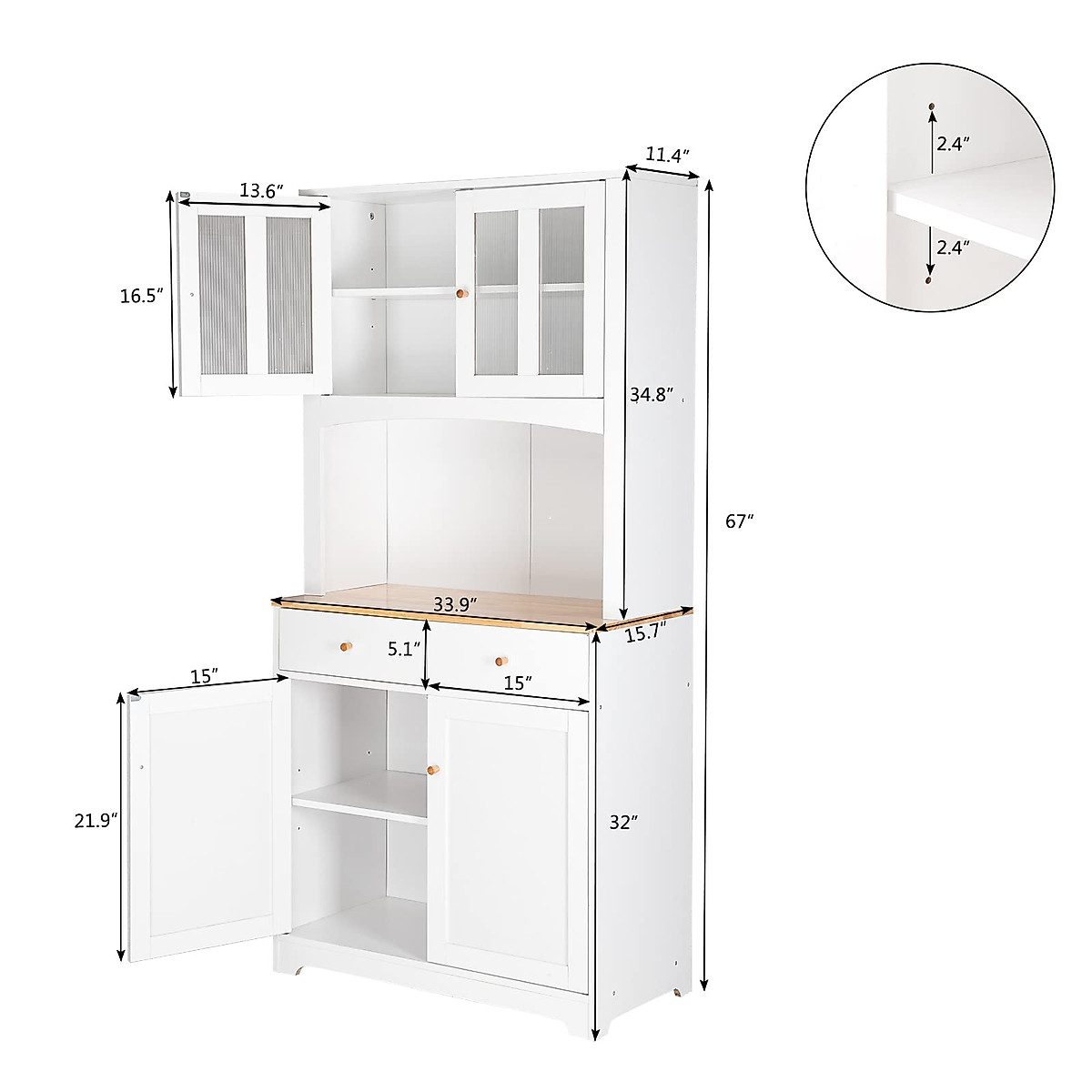 VINGLI Buffet Cabinet with Hutch Kitchen Pantry Storage White Sideboard for Microwave Storage, 4 Doors, 2 Adjustable Shelves & Drawers