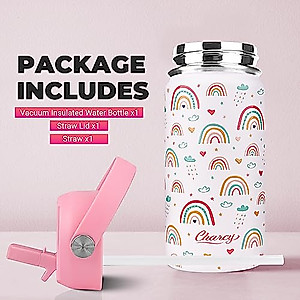 Charcy 12 oz Insulated Water Bottle for Kids, Portable Sports Water Cup Flask with Handle, Travel Thermos Mug, Pink adjustable lid - White Rainbow