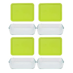 Pyrex (4 7211 6 Cup Glass Dishes & (4) 7211 6 Cup Rectangle Edamame Green Lids Made in the USA