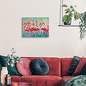Yidepot Flamingo Bedroom Wall Decor Painting: A Flock of Pink Flamingo Wall Art Canvas for Bathroom with Frame Ready to Hang (12"x16"x1 Panel)
