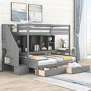 BIADNBZ Twin XL Over Full Bunk Bed with Built-in Storage Shelves and Drawers,Multi-Function Bedframe with Storage Staircase for Bedroom,Gray