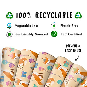 CENTRAL 23 Kids Wrapping Paper - 6 Sheets of Gift Wrap - Birthday Fox - For Baby Boys or Girls - Woodland - Comes with Stickers - Recyclable