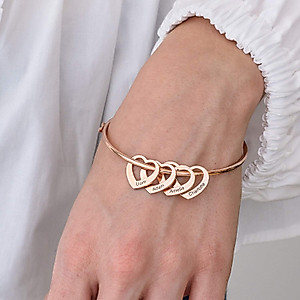 MyNameNecklace Personalized Bracelet Bangle with Up to 10 Heart Shape Pendants - Custom Made Multiple Pendant - Engraved Jewelry Gift for Women, Her- Gifts for Mother's Day, Christmas