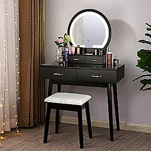 SMOOL Vanity Desk with Lighted Mirror - 3 Color Lighting Modes Adjustable Brightness, 4 Drawers Makeup Table with Soft Cushioned Stool for Bedroom Studio, Black