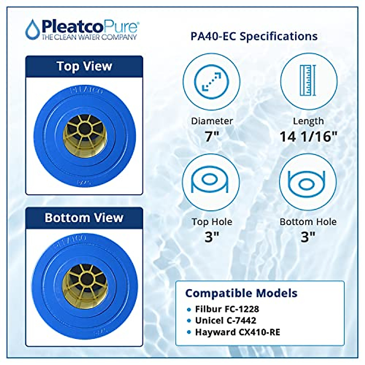 Pleatco Filtration PA40-EC Pool Filter Cartridge Replacement for Unicel: C-7442, Filbur: FC-1228, OEM Part Numbers: CX410-RE, White