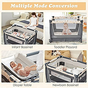 INFANS 4 in 1 Pack and Play, Portable Nursery Center for Baby Kid Infant, Comfortable Playard with Bassinet, Mattress, Diaper Changer, Cradle, Travel Bag, Toys, Music Box, Storage Basket(Monkey)