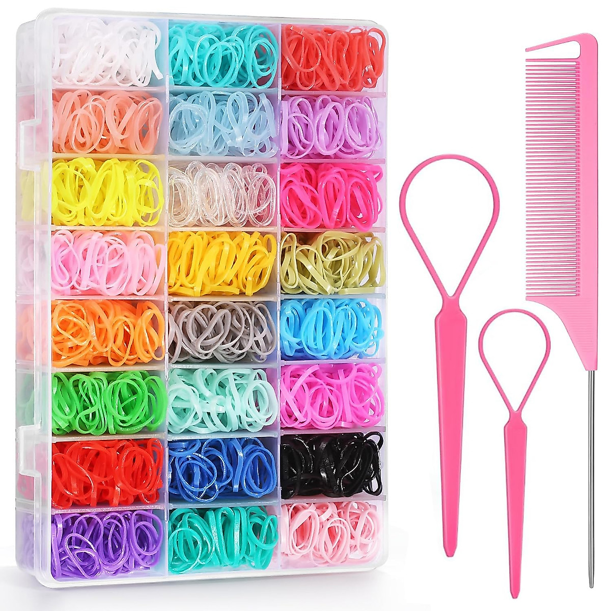 Elastic Hair Bands 24 Colors, BEBEEPOO 2000 pcs Mini Hair Rubber Bands with Organizer Box, Soft Small Girl Hair Ties, Colorful Baby Rubber Bands Set with Hair Tail Tools, Rat Tail Comb