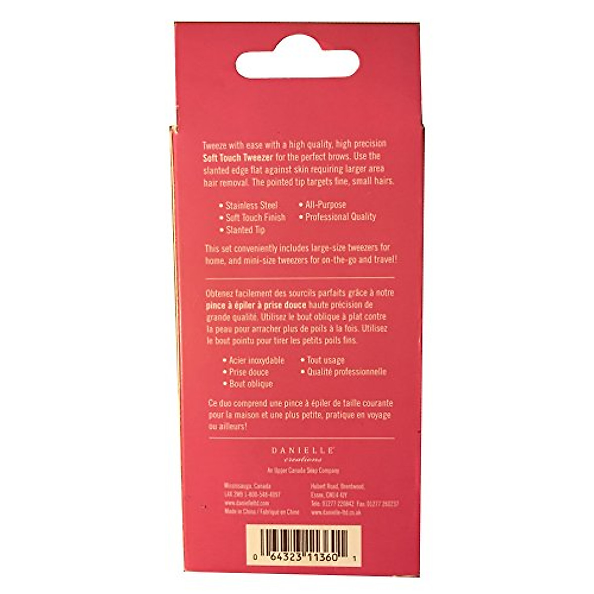 Danielle Creations Soft Touch Slant and Point Stainless Steel Tweezers, Pink