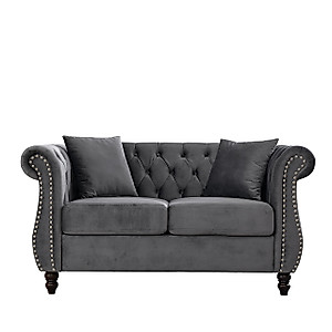 Sybrioka Velvet Loveseat Sofa Couches for Living Room,58" Small Love Seat 2 Seater Couch with Buttons Tufted, Gray Modern Chesterfield Upholstered Sofa Metal Legs, (Gray, 2 Seater)