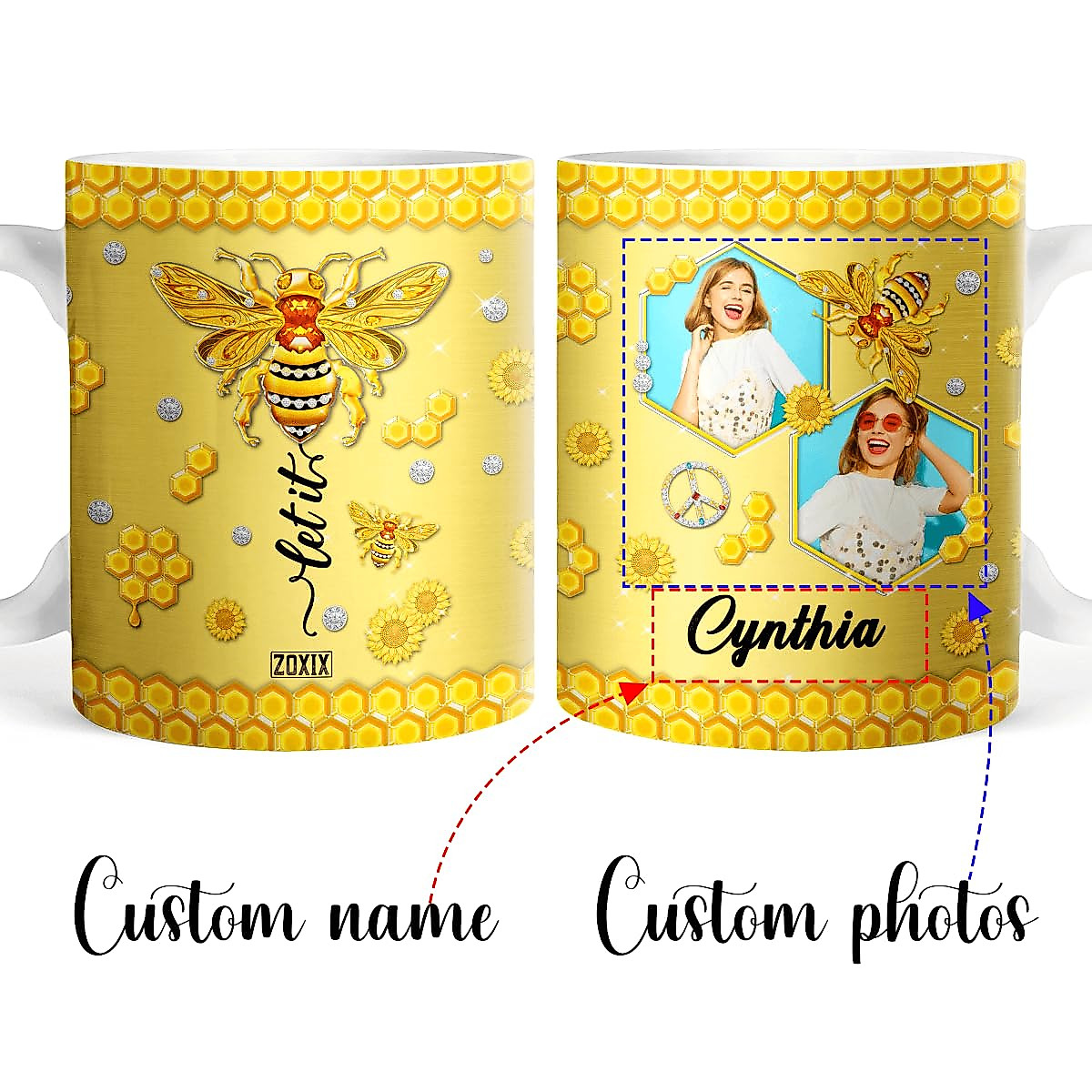 White Ceramic Coffee Mug Photo Mugs Personalized Picture Custom Name Birthday Gifts For Bee Lovers Women Girls Jewelry Style Novelty Tea Cup Table Desk Accessories 11 And 15 Oz