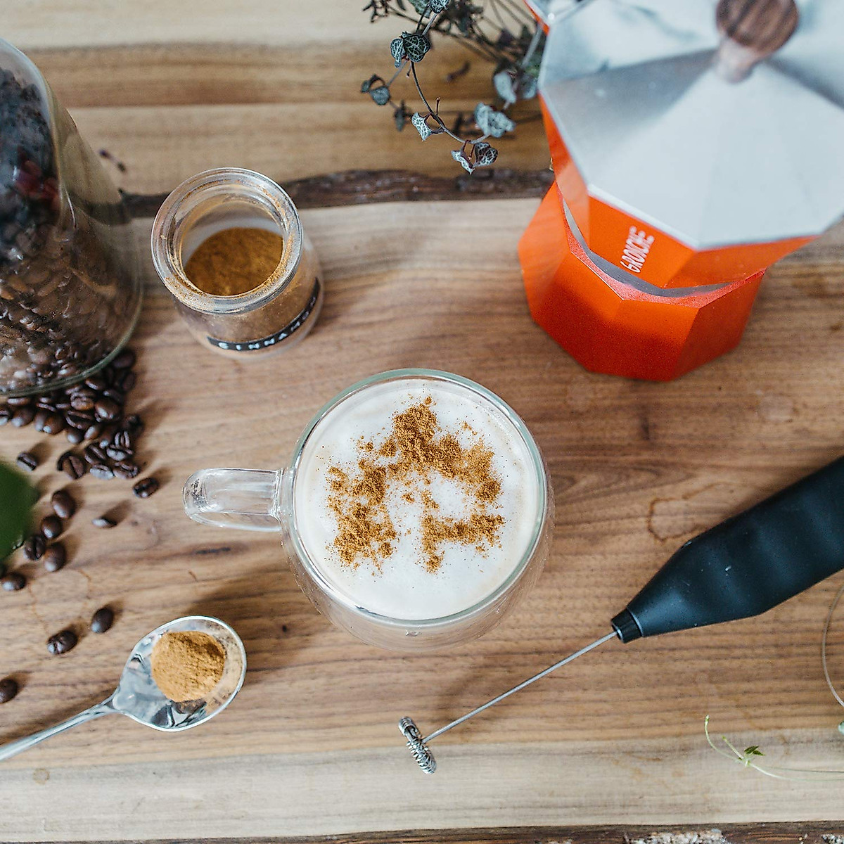 GROSCHE Milano Stove top espresso maker (3 espresso cup size 5 oz) Red, and battery operated milk frother bundle for lattes