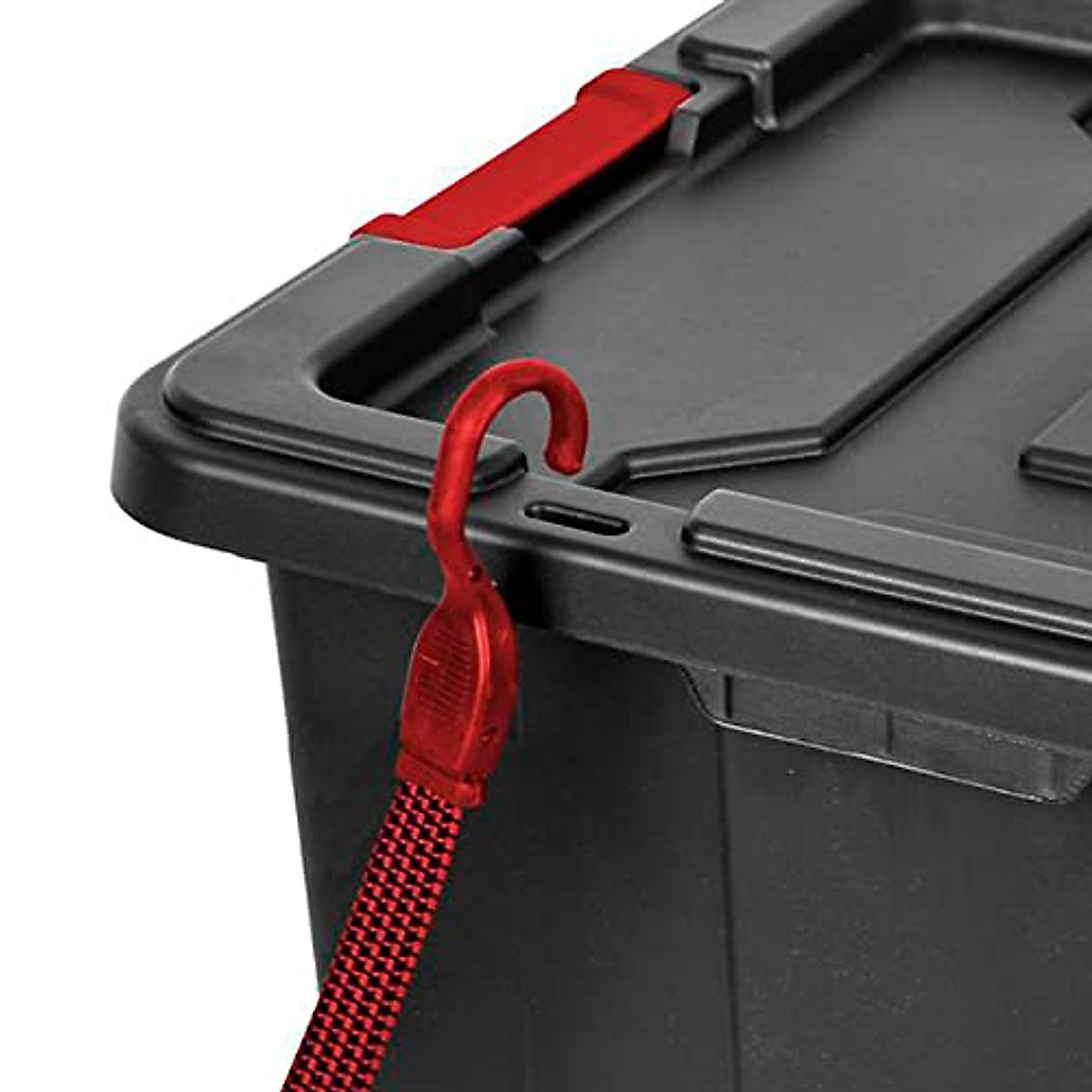 Sterilite 14669004 27-Gallon Durable Rugged Industrial Stackable Tote Bin Storage Container with Recessed Lid and Red Latches, Black