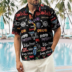 Bhlounplo Button Down Shirt Men Rock and Roll Punk Print Pocket Lapel Hawaiian Casual Loose Short Sleeve Shirt-Black-2-XXXL