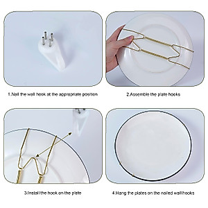 LYWBYJ 12 Pieces Invisible Vertical Plate Holders - 6 Pieces Stainless Steel Decorative Wire Plate Holders with 10 Pieces Wall Hooks for Decorative Plates (Gold, 6/8/10 Inch) ﻿