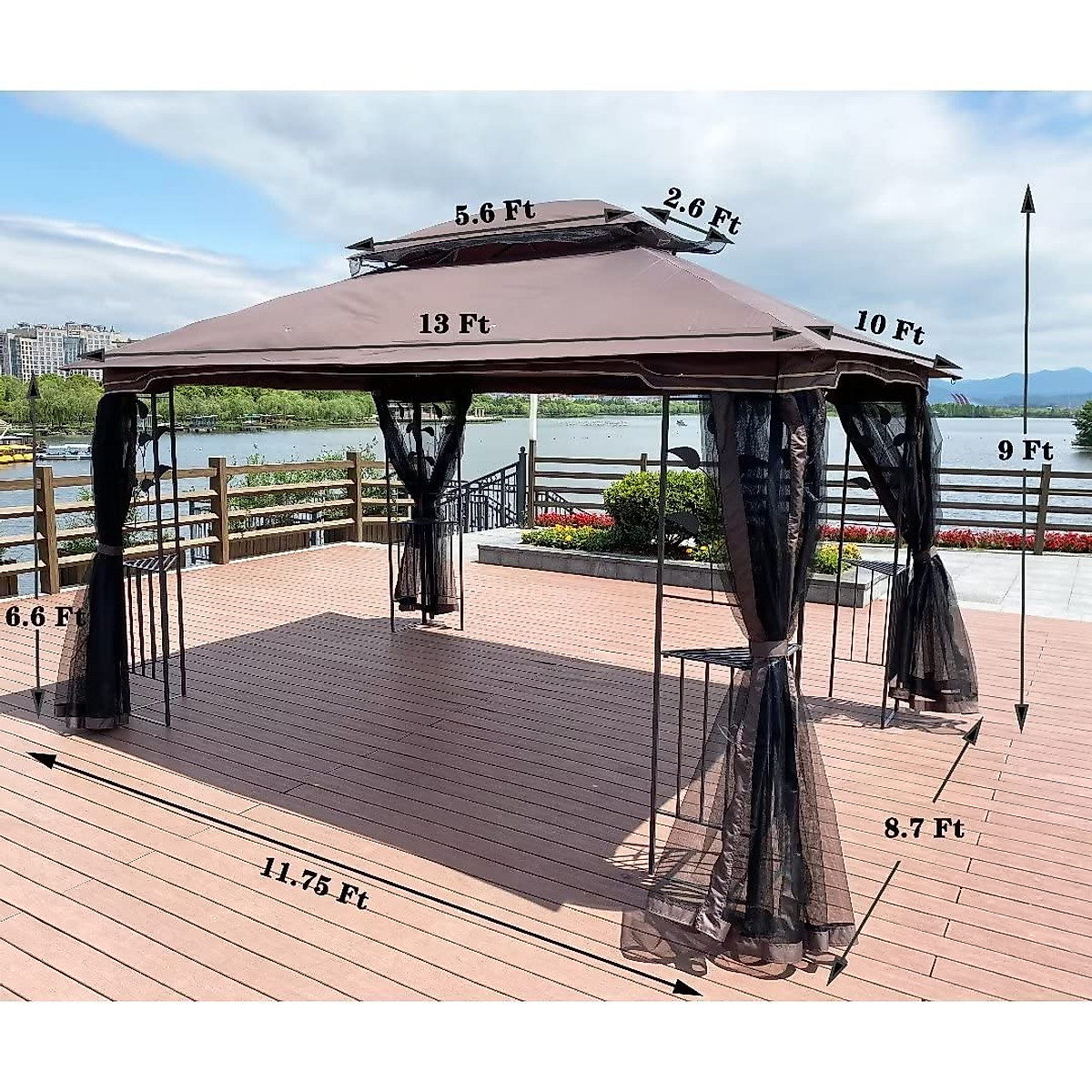 JINS&VICO 13x10 ft Gazebo Double Roof Canopy with Netting and Shaded Curtains, Outdoor Gazebo 2-Tier Hardtop Galvanized Iron Aluminum Frame Garden Tent for Patio, Backyard, Deck and Lawns, Brown