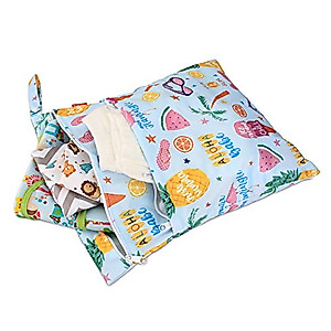 Damero 2Pcs Wet Dry Bag with 2 Zippered Pockets and Snap Handle for Cloth Diaper, Swimsuit, Clothes, Ideal for Travel, Exercise, Daycare, Roomy and Water-Resistant (Small+Large,Summer Style)