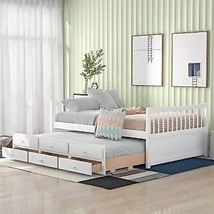 Bellemave Full Daybed with Trundle and Storage Drawers Wood Full Size Bed Frame with 3 Drawers Wooden Platform Beds for Kids Boys Girls Teens, White