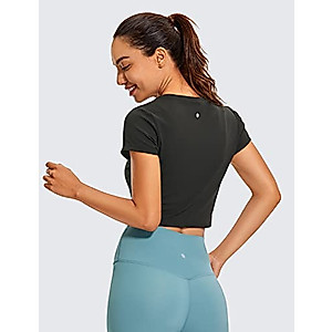 CRZ YOGA Butterluxe Short Sleeve Shirts for Women High Neck Crop Tops Basic Fitted T-Shirt Gym Workout Top Black Medium