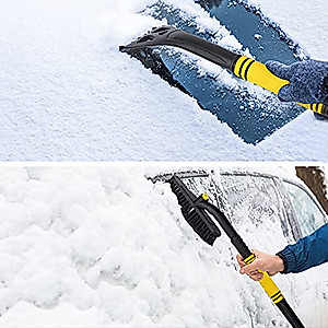 Yemei 35" Extendable Car Snow Brush with Squeegee，Brush Supports 360 Degree Rotation，Retractable Snow Shovel with Foam Grip ,for Small Car Truck SUV + Ice Scraper Yellow