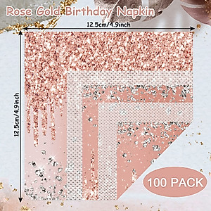 100 Pieces Rose Gold Birthday Napkins Pink Gold Birthday Party Decorations Supplies Pink Rose Gold Paper Disposable Napkin for Girls Women Diamond Theme Party Pink Rose Anniversary Wedding Party Favor
