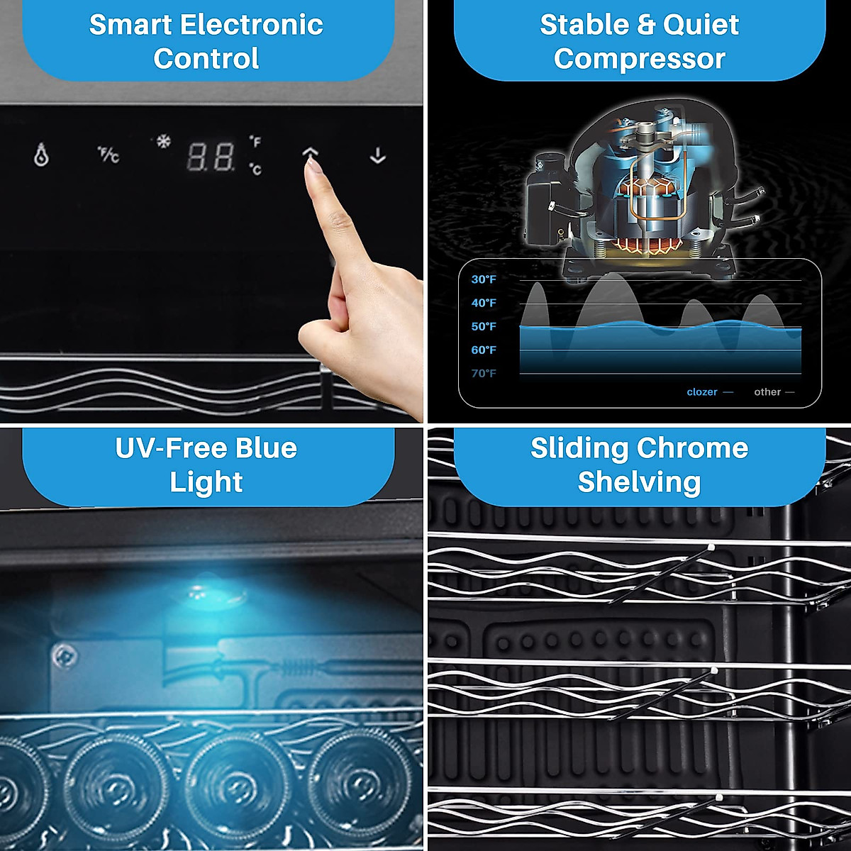 Techomey Wine Cooler Refrigerator, 34 Bottle Wine Cooler for Home Freestanding with Digital Temperature Control, Clear Glass Door, Soft LED Light, Stainless Steel, Black