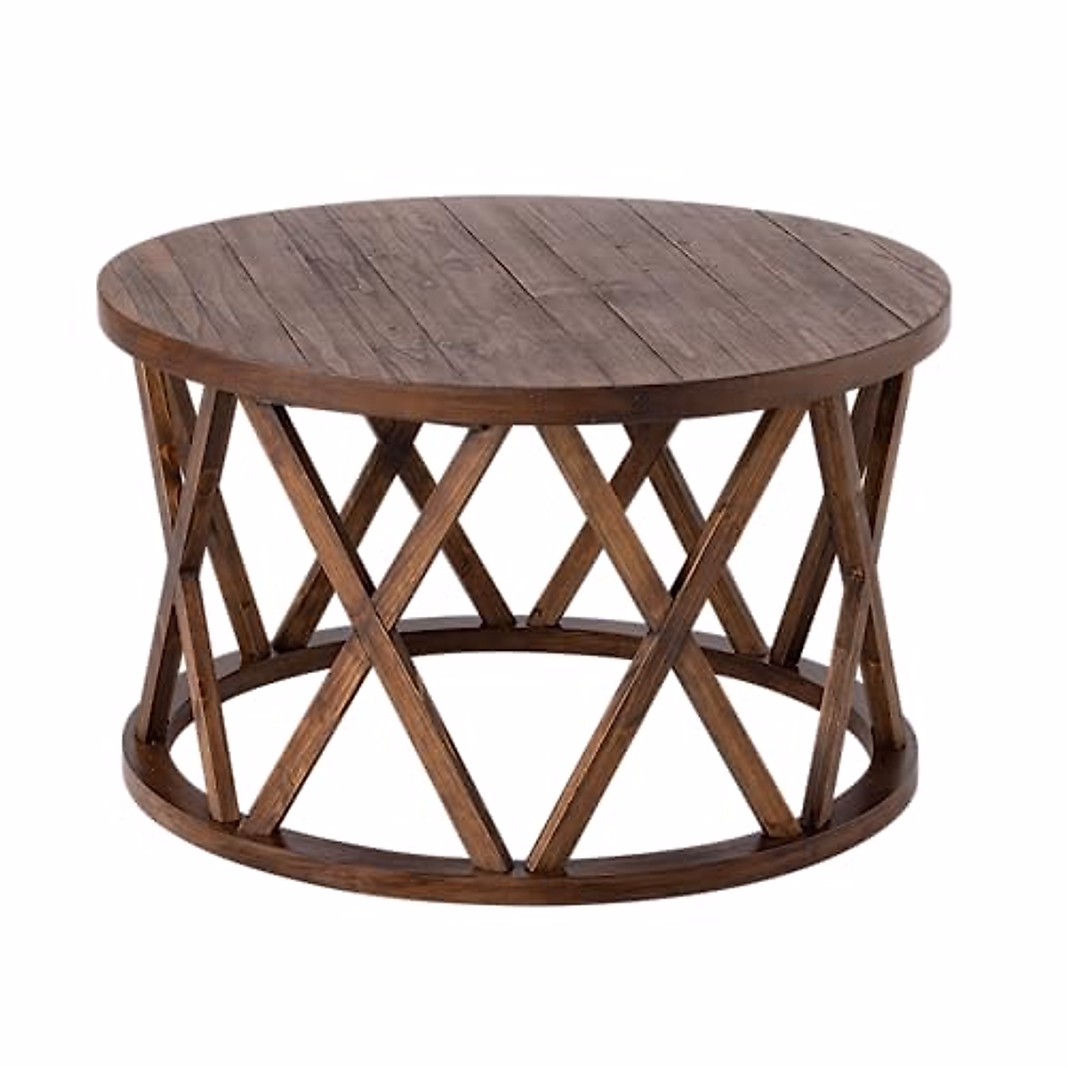 COZAYH Farmhouse Coffee Table, Rustic Round Coffee Table with X-Motifs Legs, Wood Textured Top, for Boho, French Country Decor, Brown