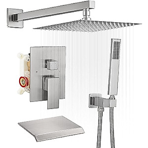 BWE 12 Inch Shower System Brushed Nickel Waterfall Faucet Tub Complete with Spout Set Square Luxury Rain Mixer Pressure Balancing 3-Function Wall Mount Rainfall Rough-in Valve Body and Trim Included
