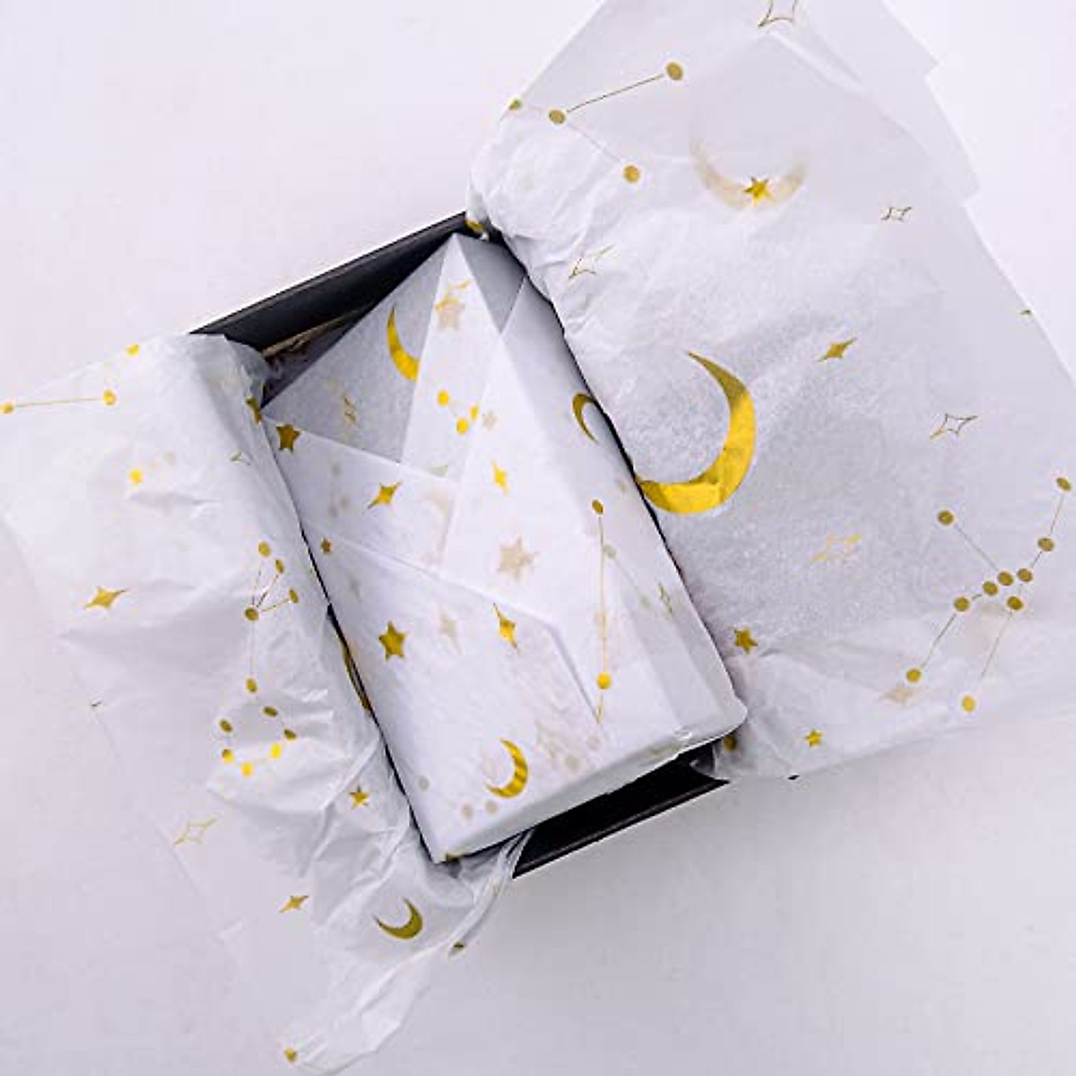 MR FIVE 100 Sheets Galaxy Tissue Paper Bulk,20" x 14",White with Gold Moon and Star Tissue Paper for Gift Bags,Star Gift Wrapping Tissue Paper for Birthday,Christmas Holiday