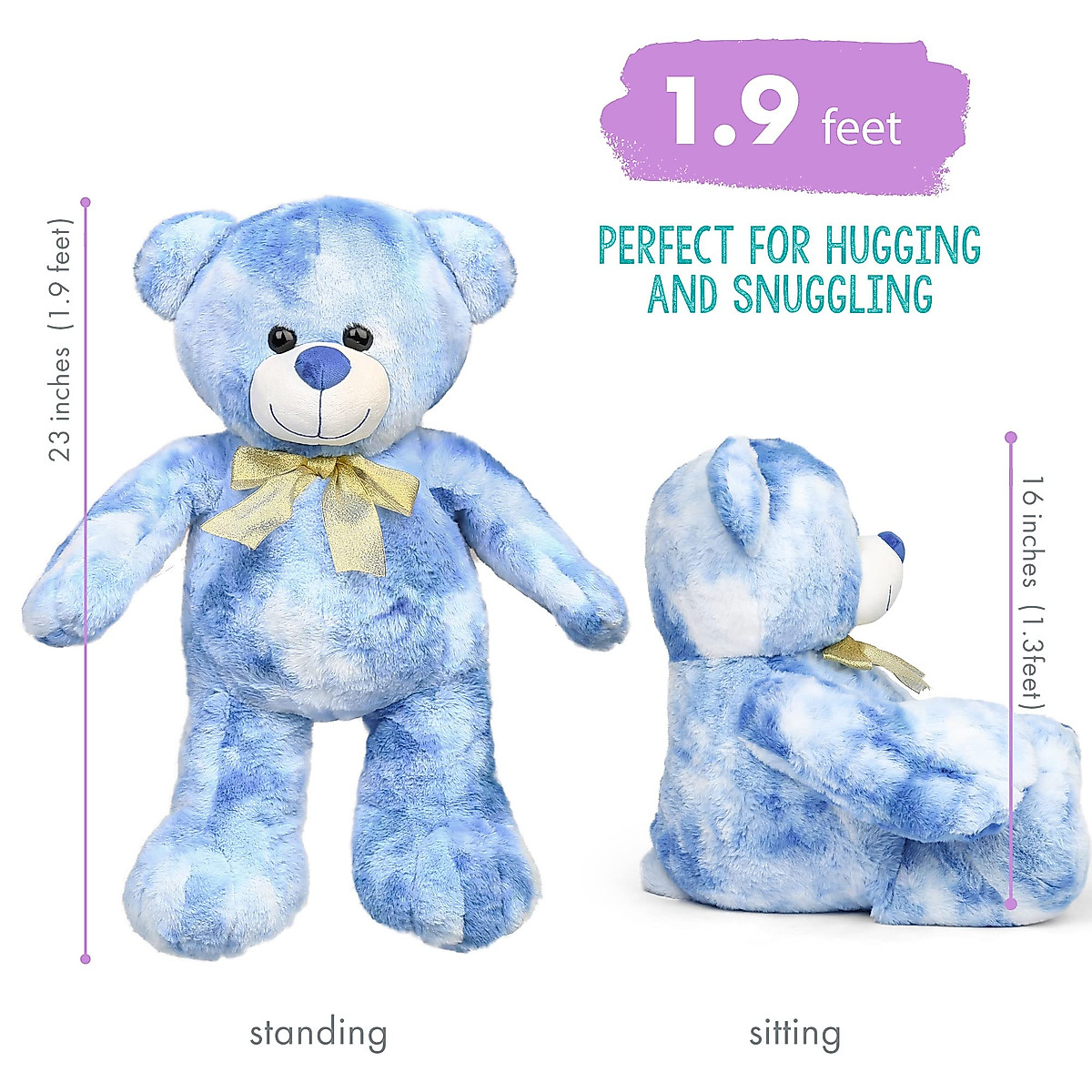 BenBen Teddy Bear Stuffed Animal, 23 inch Tie-Dye Stuffed Bear Plush Toy with Bow Tie, Blue and White, Cute Plushies Gifts, Easter Decorations