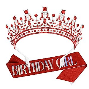 AOPRIE Birthday Girl Sash for Women Guardian Soldiers Birthday Crown for Women Birthday Tiara for Women Birthday Girl Headband Princess Crown Rhinestone Happy Birthday Accessories Red