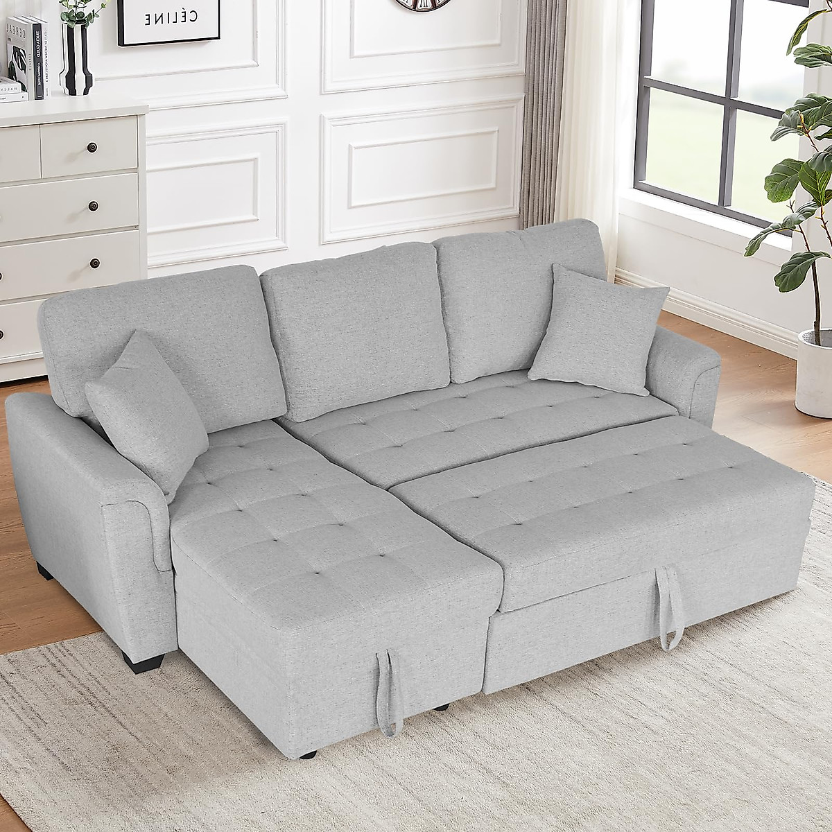 HUMEHA Reversible Sectional Sofa Couch, Light Grey Convertible Pull Out Bed Sleeper Sofa with Storage Chaise Lounge, Upholstered L Shaped Couch with 2 Pillows, Linen Fabric Couches for Living Room