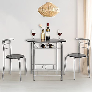 VINGLI 3 Piece Dining Set,Small Kitchen Table Set for 2,Breakfast Table Set,Kitchen Wooden Table and 2 Chairs for Small Space/Dining Room/Apartment,Metal Frame,Wine Rack,Sliver&Black