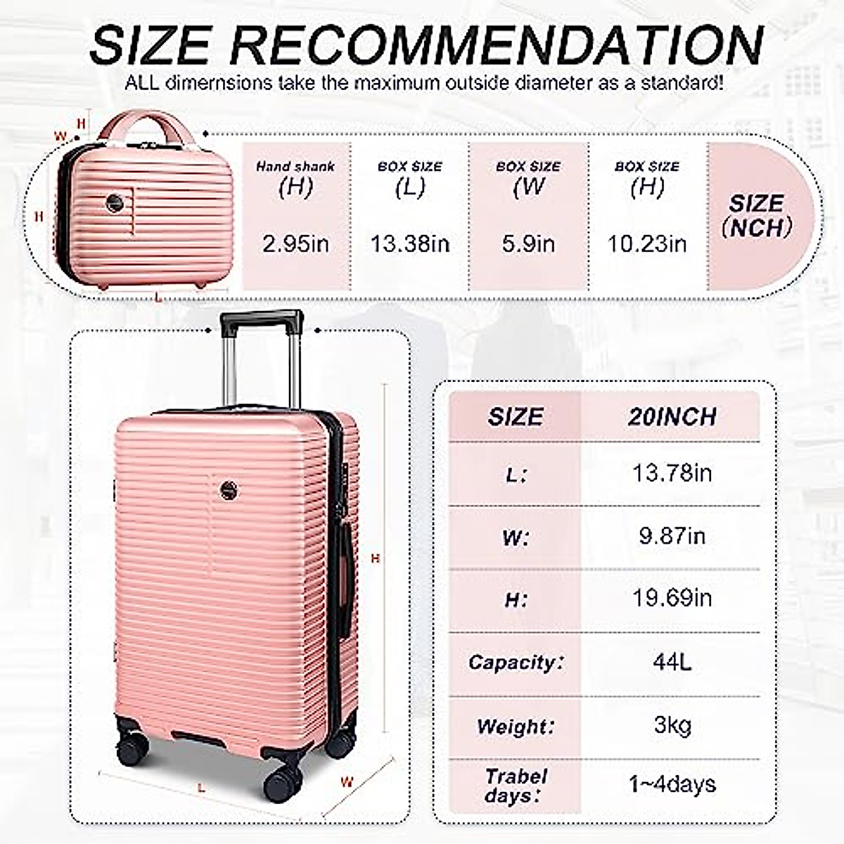 2 Piece Carry On Luggage Sets, PC+ABS Hardside Suitcases with Spinner Wheels and TSA Lock for Travel.(14/20)